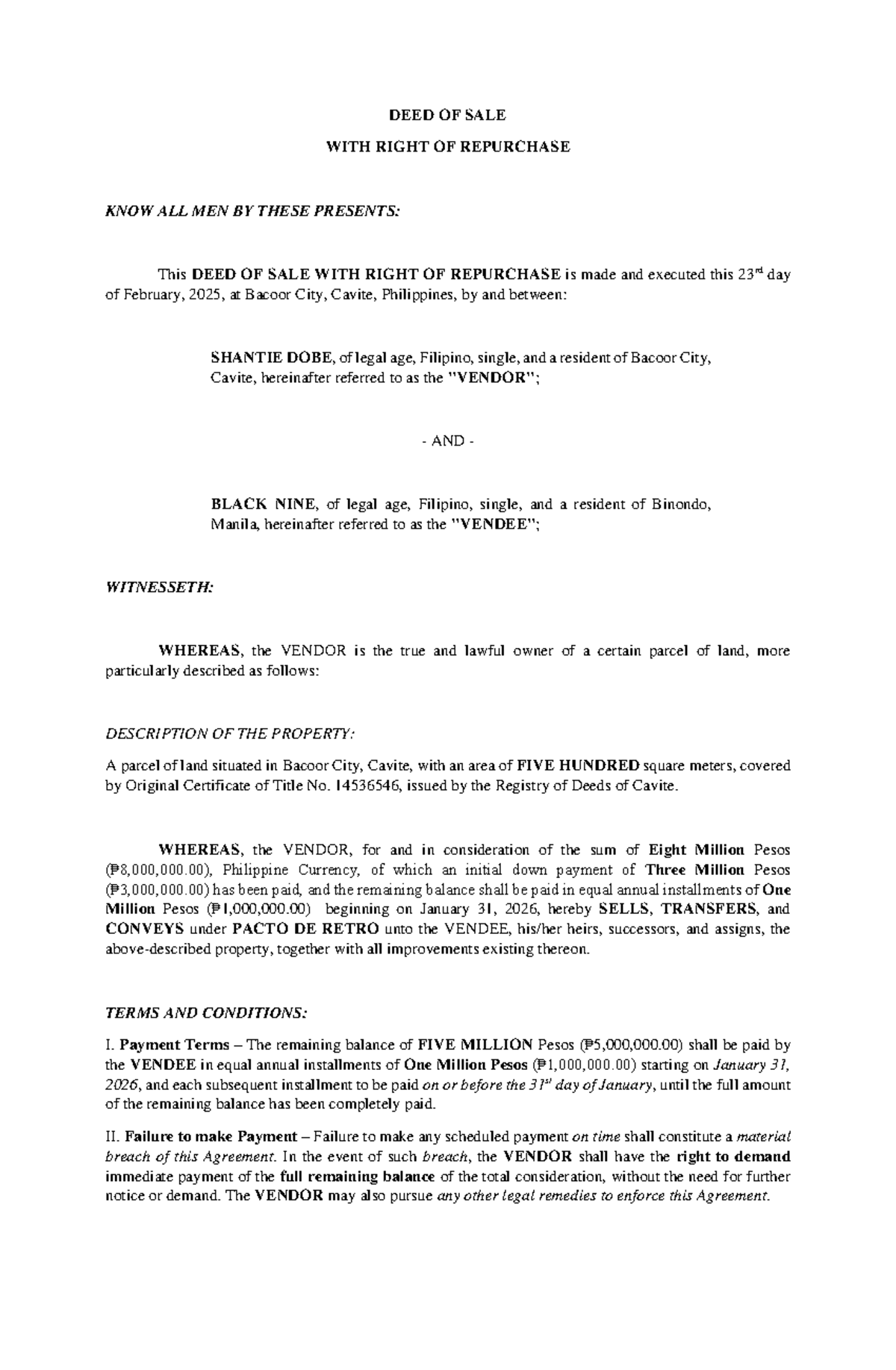 Deed of Sale with Right of Repurchase – Sample Document - Studocu