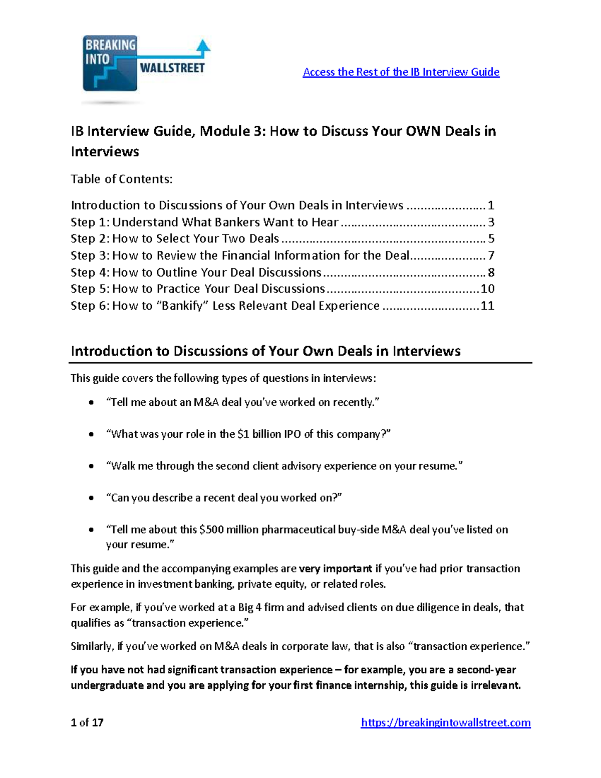 IB Interview Guide: Discussing Your Own Deals (Module 3) - Studocu