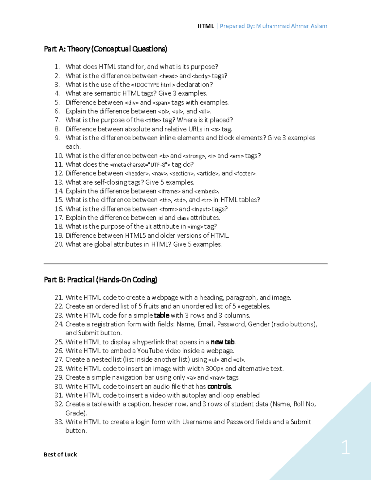 HTML Test - NUCE: Theory & Practical Questions Overview - Studocu