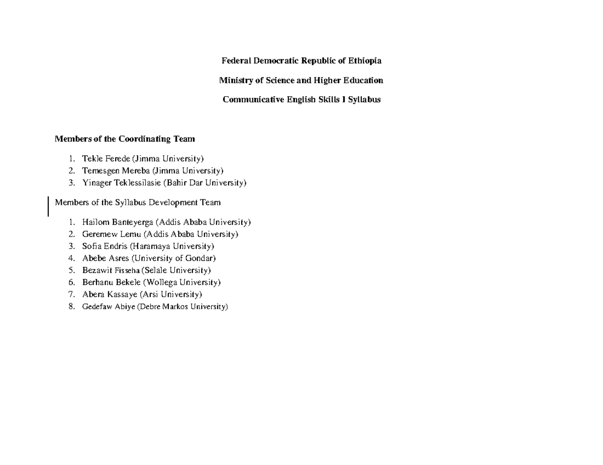Communicative English Skills I Syllabus (EnLa 101) Overview - Studocu