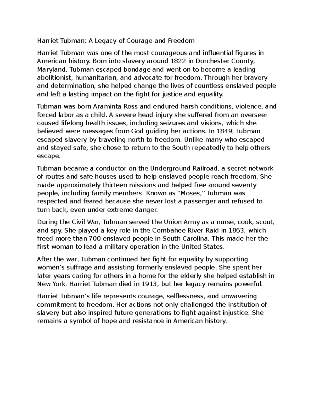 Harriet Tubman: Courageous Legacy in American History - Studocu