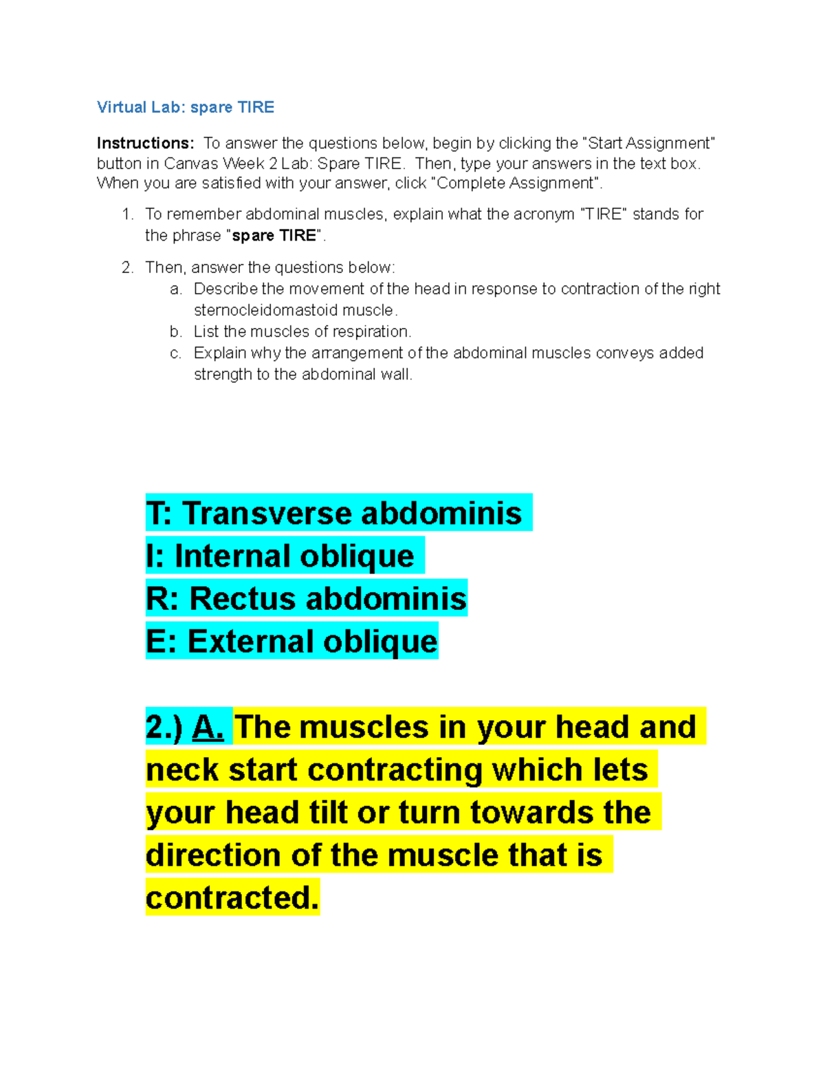 AHP106 week 2 LAB - assignment - Virtual Lab: spare TIRE Instructions: To answer the questions ...