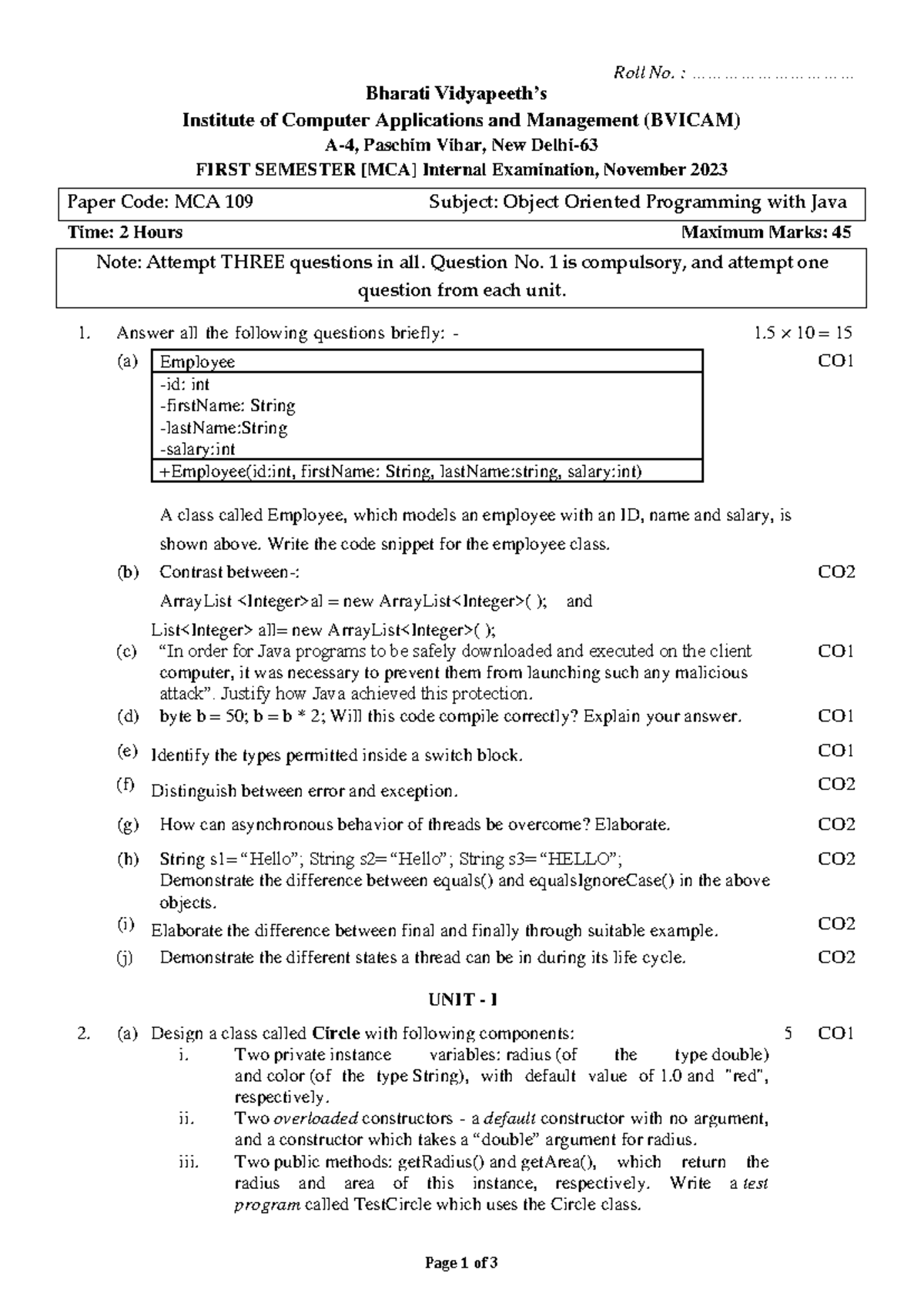 MCA 109 Internal Exam: Object Oriented Programming with Java - Nov 2023 ...