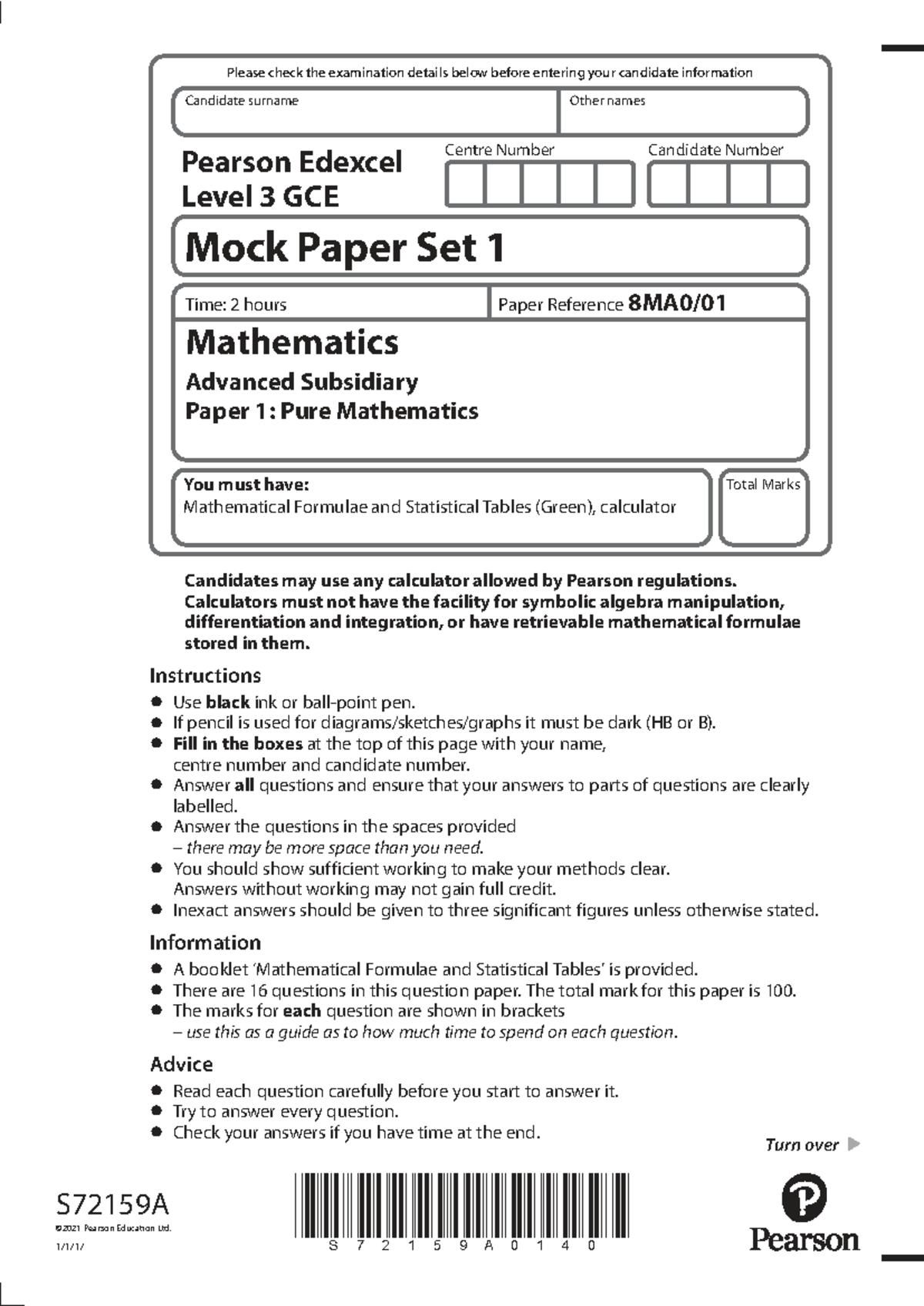 20250409 8MA0-01 AS Pure Mathematics Mock Exam Paper Set 1 - Studocu