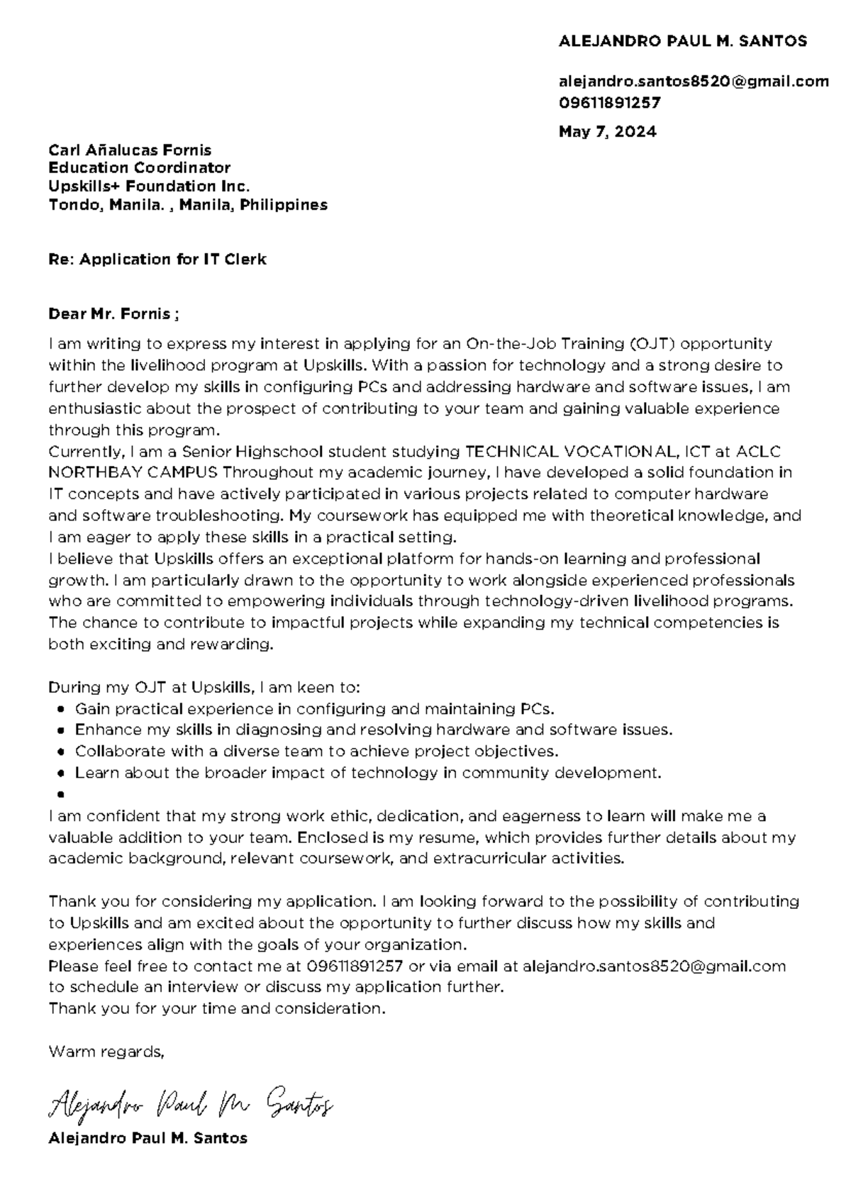 Application Letter for OJT - IT Clerk Opportunity - Studocu