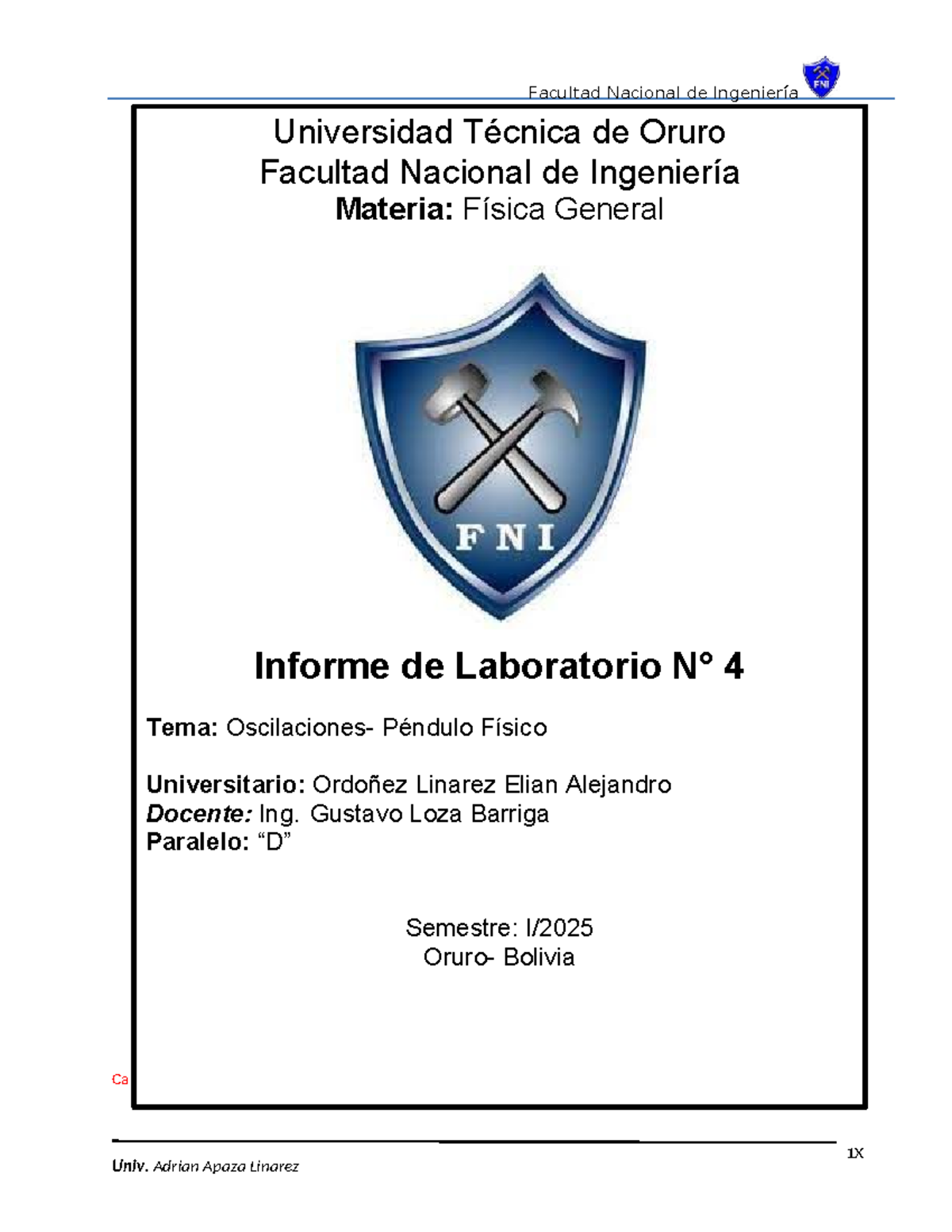 Informe de Laboratorio 4: Péndulo Físico - Física General 2 FNI - Studocu
