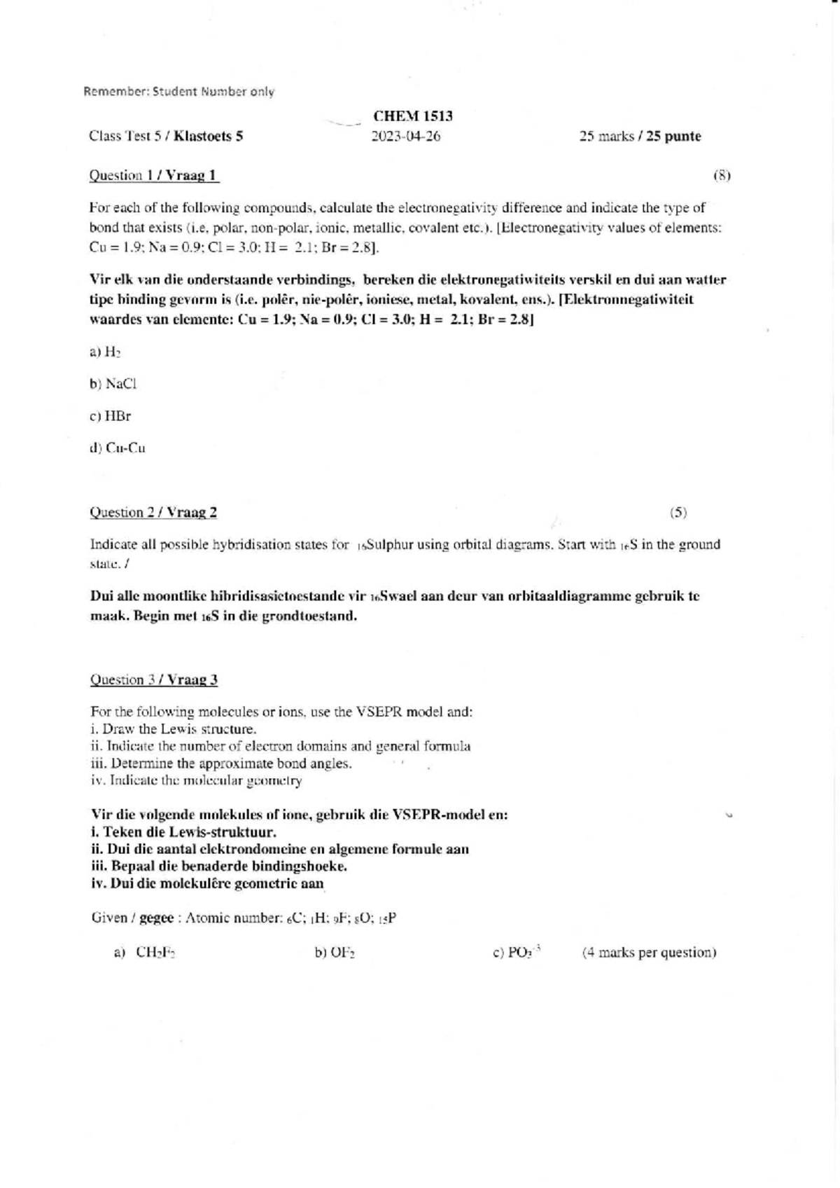 CHEM 1513 Class Test 5: Electronegativity & Hybridization - Studocu