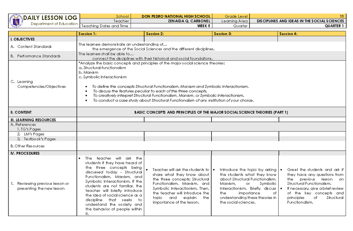 DISS Q1 WEEK5 - Daily Lesson Log - DAILY LESSON LOG Department of ...