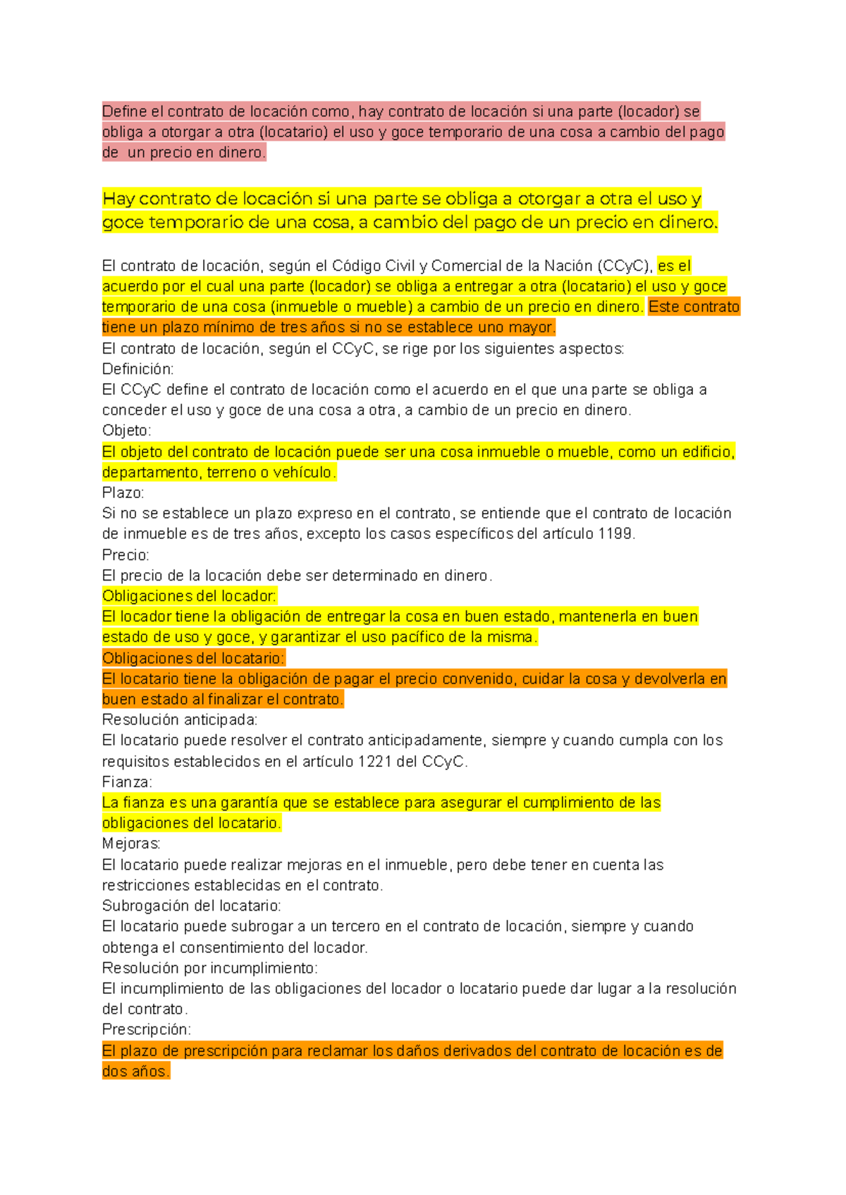 Definición y Aspectos Clave del Contrato de Locación según CCyC - Studocu