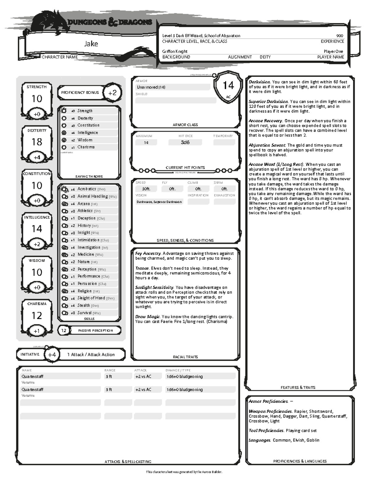 Level 3 Dark Elf Wizard Character Sheet - School of Abjuration - Studocu