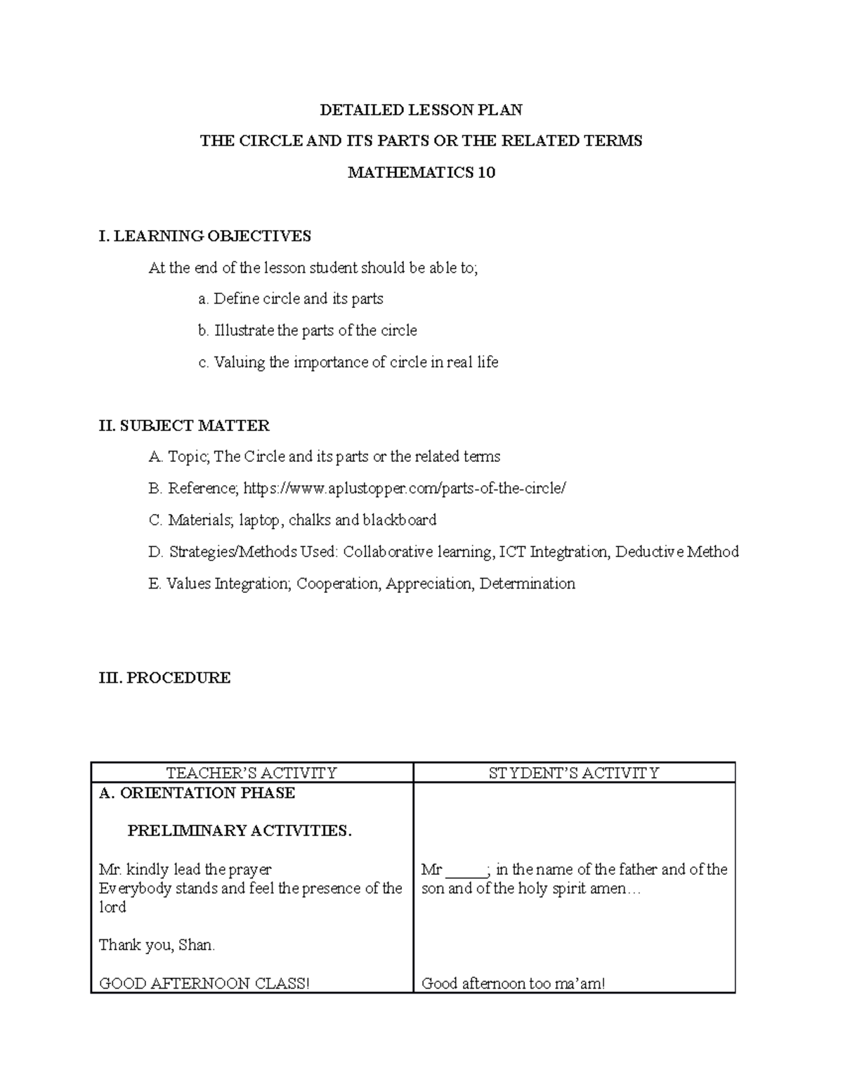 Detailed Lesson Plan on Circle Parts - Mathematics 10 - Studocu