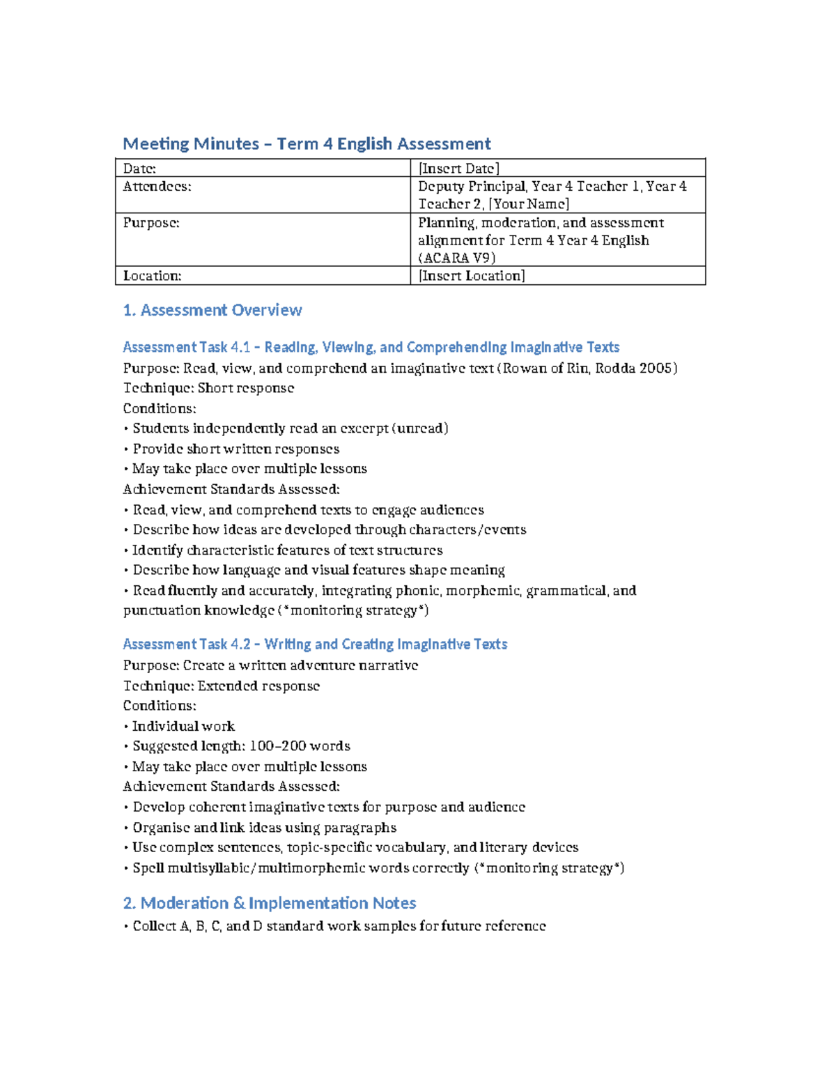 Term 4 English Assessment Meeting Minutes (ACARA V9) - Studocu