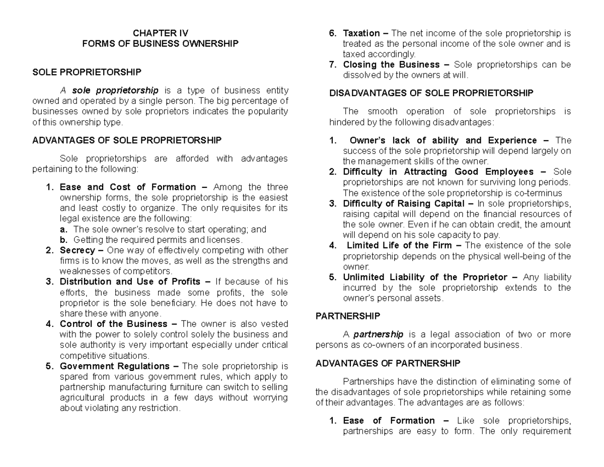 Chapter 4 Forms OF Business Ownership - CHAPTER IV FORMS OF BUSINESS ...