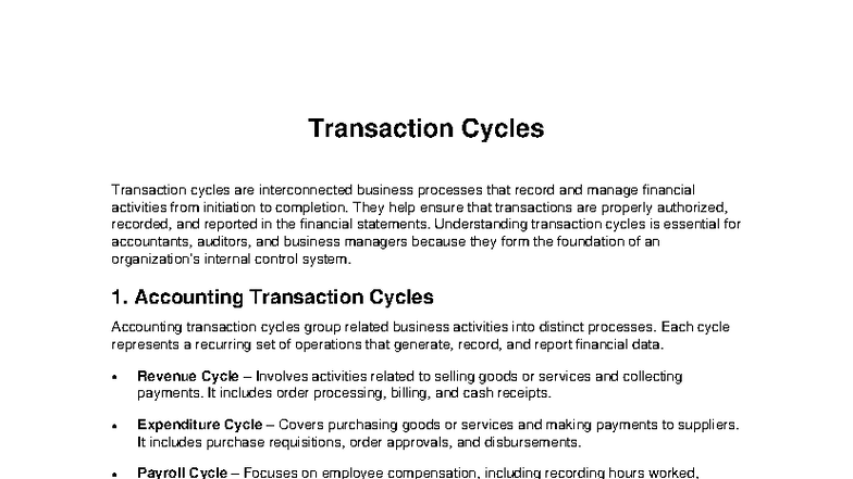 Transaction Cycles Overview: Revenue, Expenditure, Payroll & More - Studocu