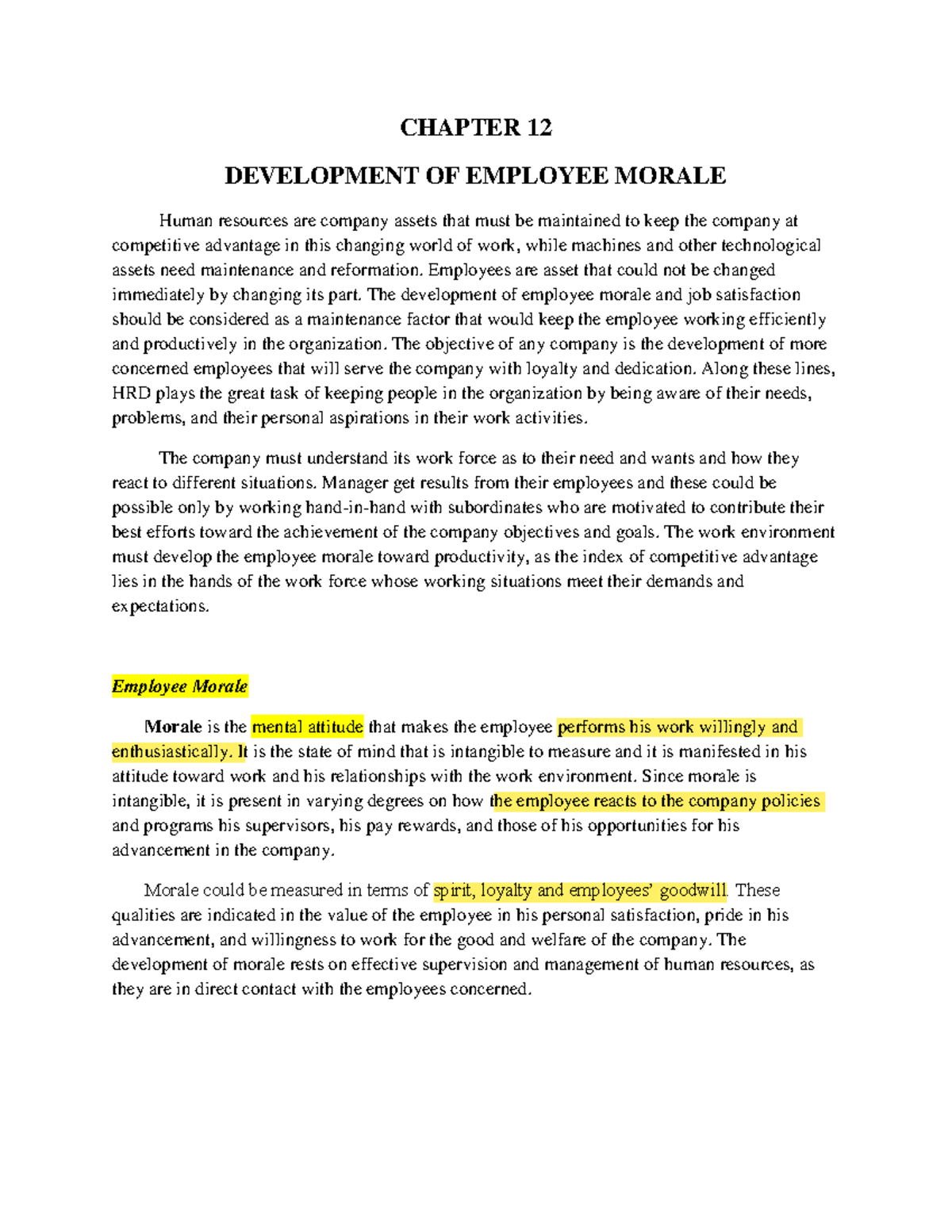 Chapter-12- employees morale - CHAPTER 12 DEVELOPMENT OF EMPLOYEE ...