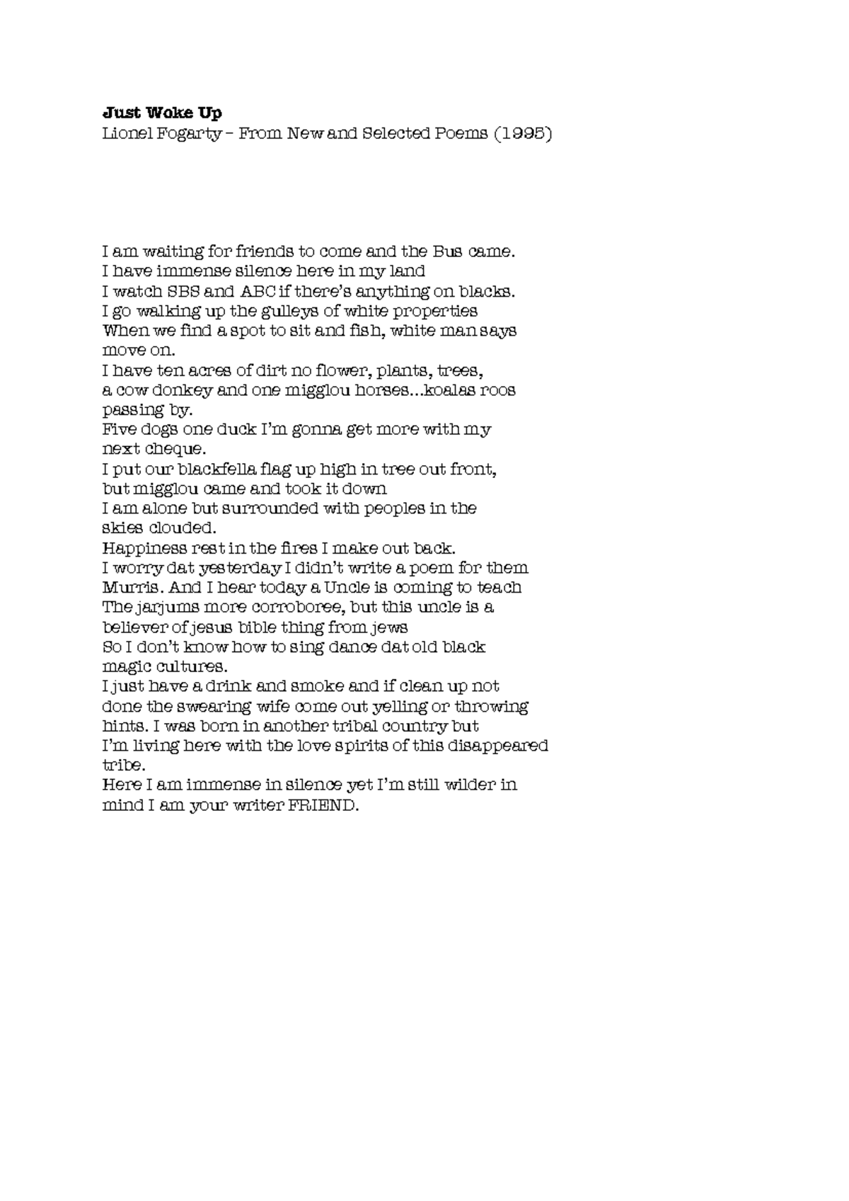 Resource 16a - Poem 3: Just Woke Up by Lionel Fogarty (1995) - Studocu