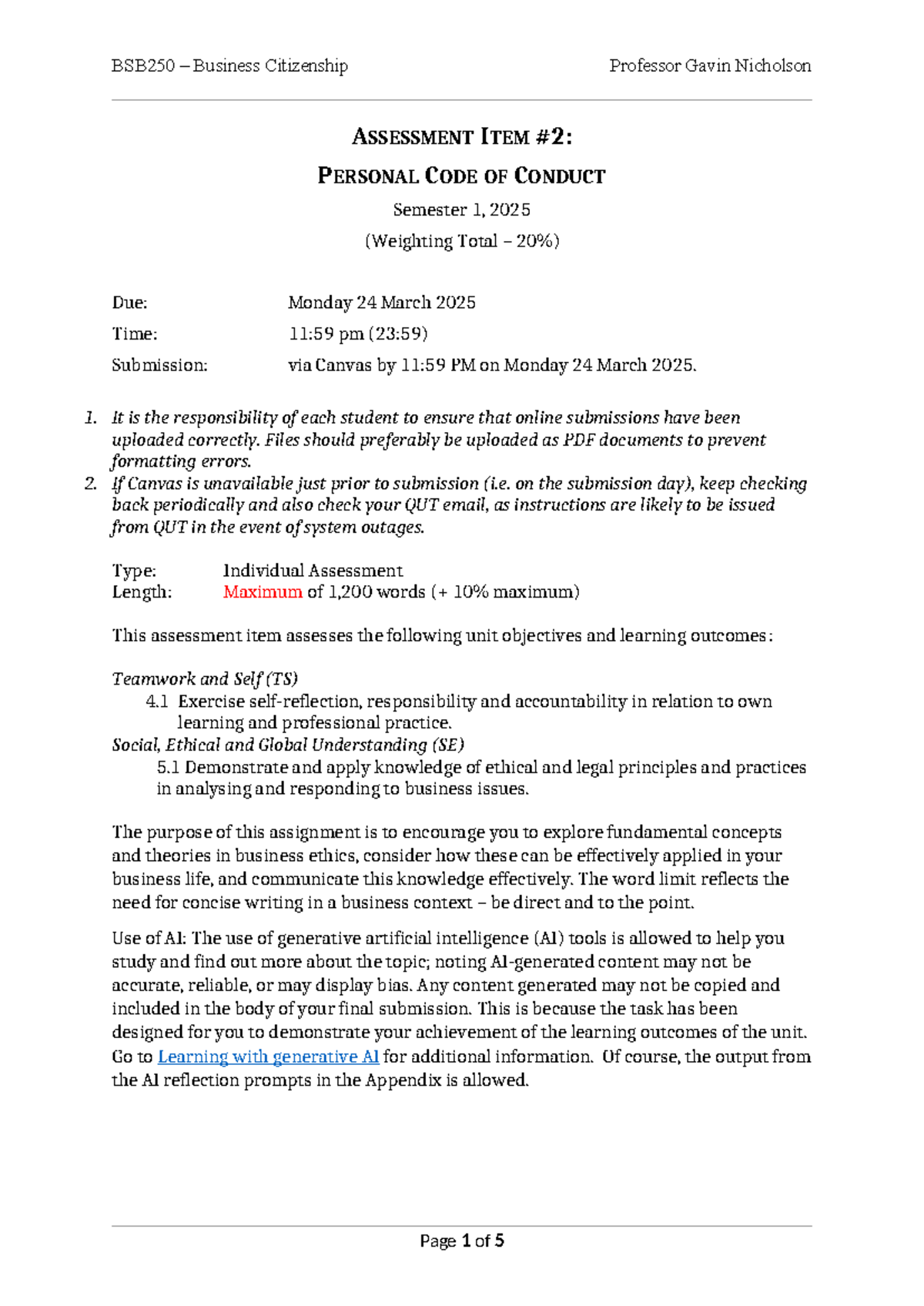 2501 BSB250 Individual Code of Ethics v1-1 - ASSESSMENT ITEM #2 ...