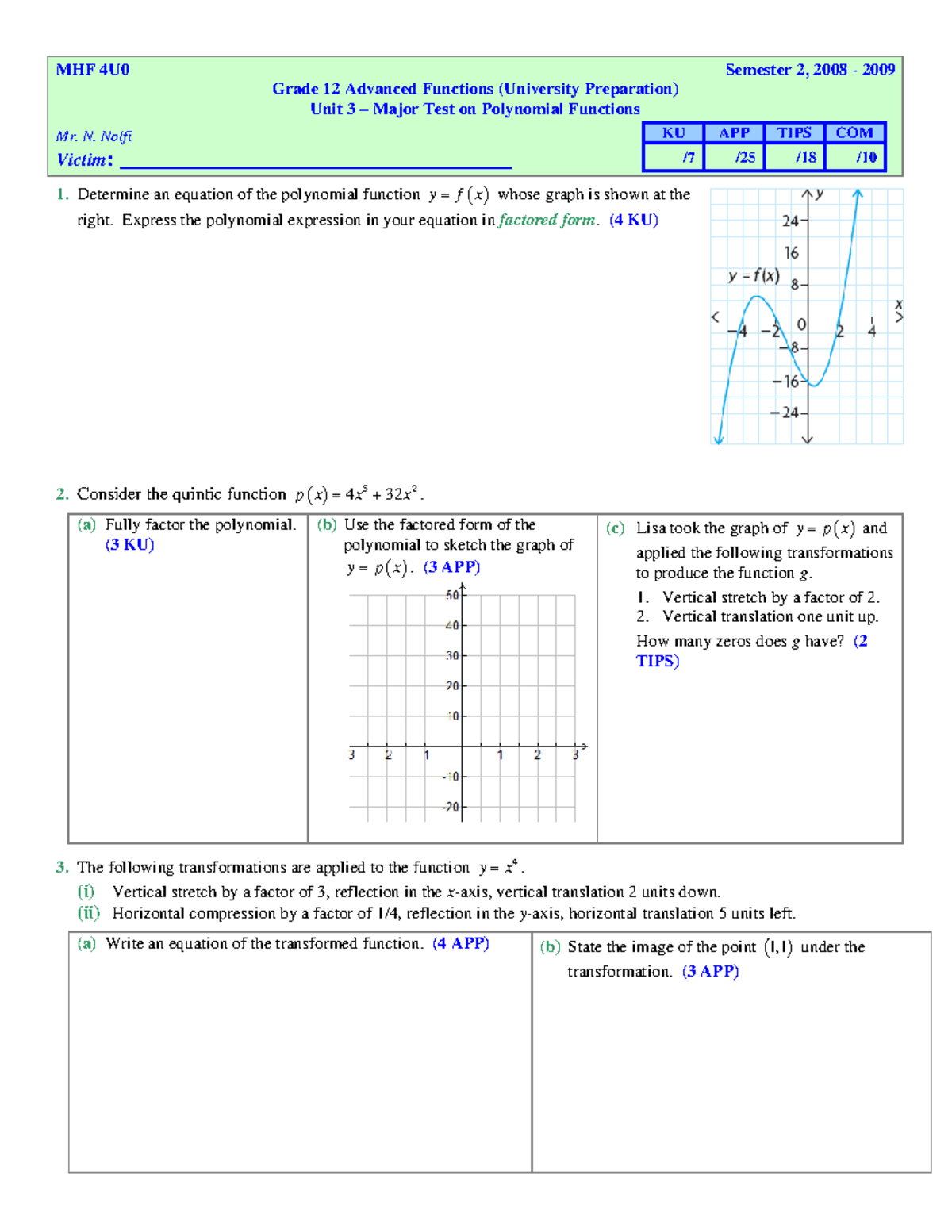 MHF 4U0 Major Tests & Solutions on Polynomial & Rational Functions ...