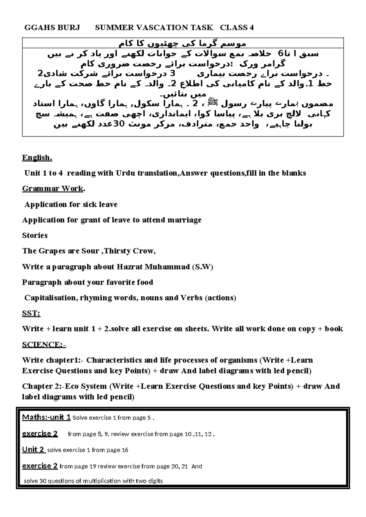 GGAHS Class 4 Summer Vacation Task 2024/25 - Complete Guide - Studocu