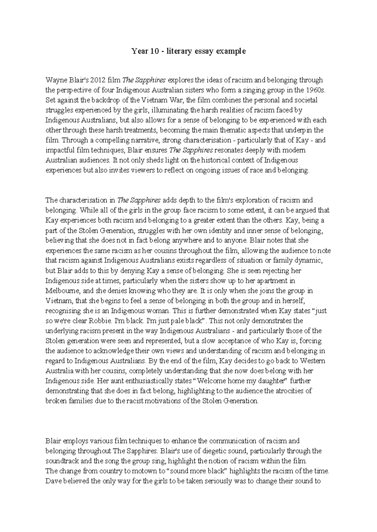 Year 10 Literary Essay Example: Exploring Racism in The Sapphires - Studocu
