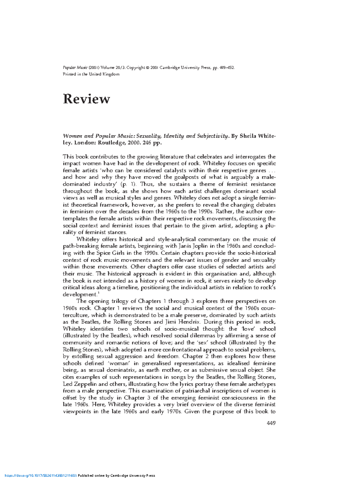 Women in Popular Music (2001): Review of Whiteley's Analysis on Gender ...