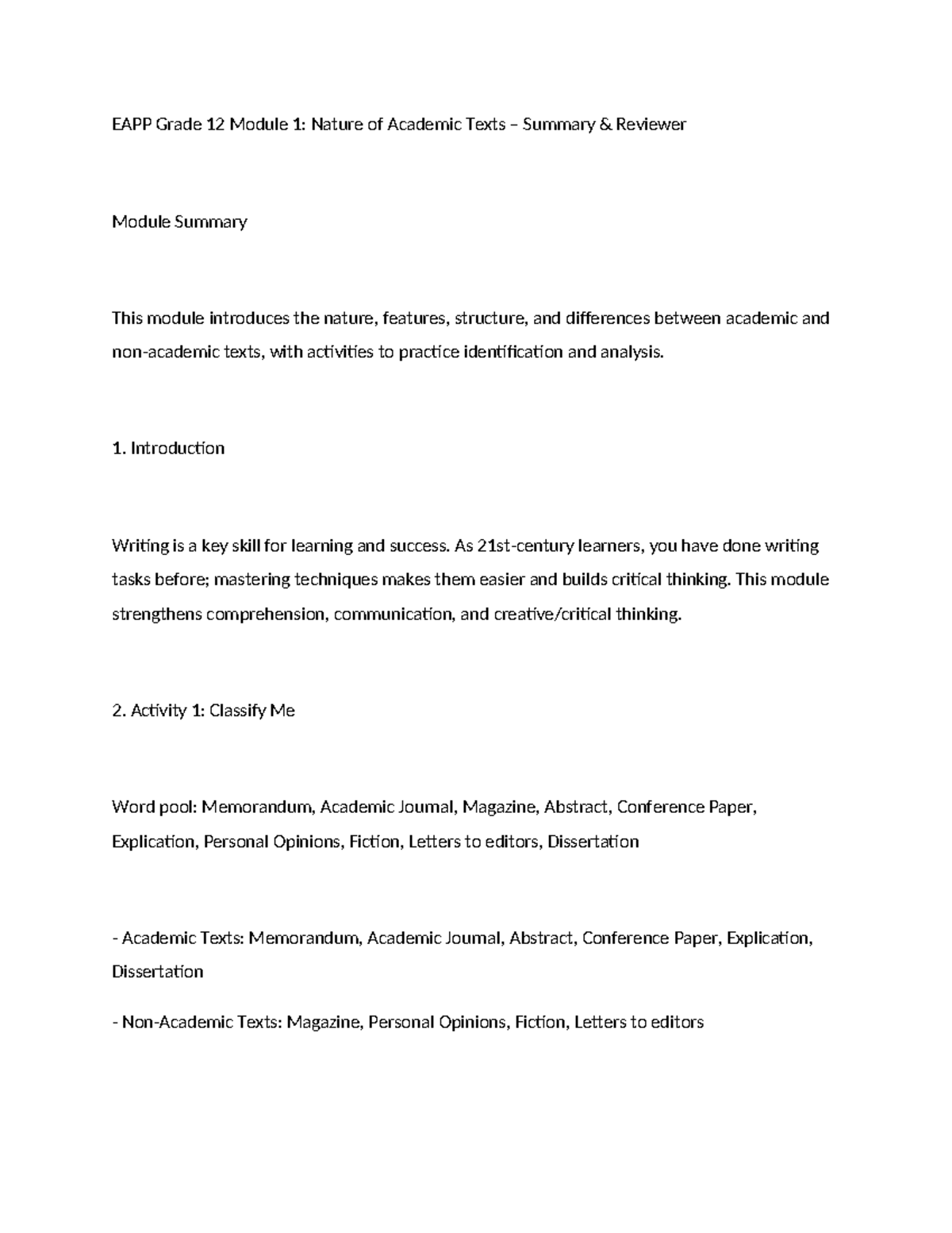 EAPP Grade 12 Module 1: Summary of Academic Texts Features - Studocu