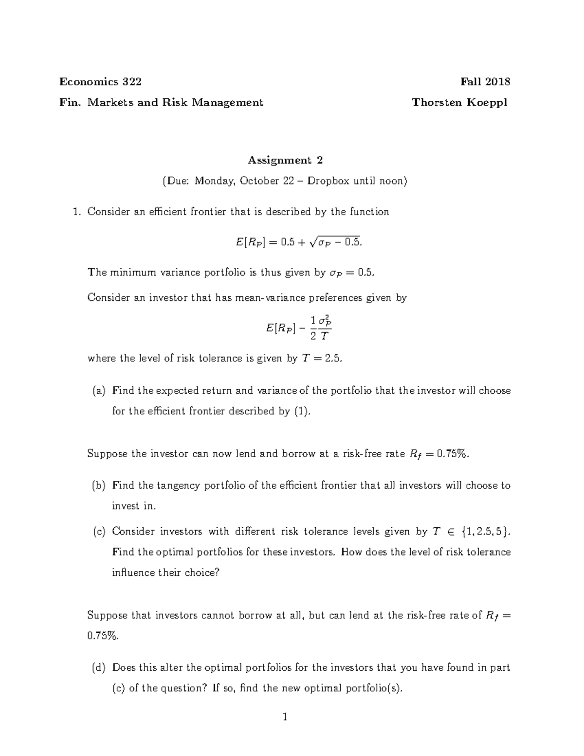 Econ 322: Assignment 2 - Financial Markets & Risk Management Analysis ...