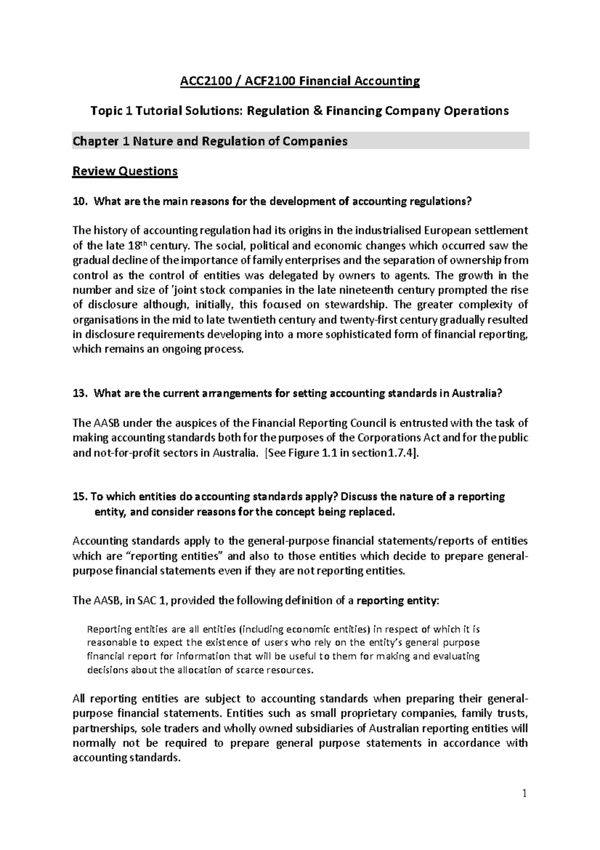 ACC-ACF2100 Topic 1 Tutorial Solutions 2 - ACC2100 / ACF2100 Financial ...