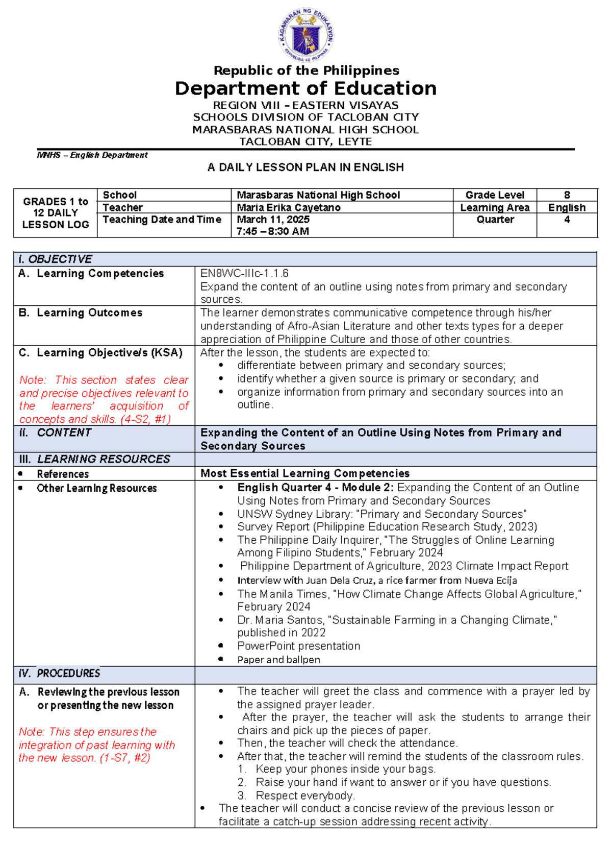 Daily Lesson Plan for Primary & Secondary Sources (Grade 8) - Studocu