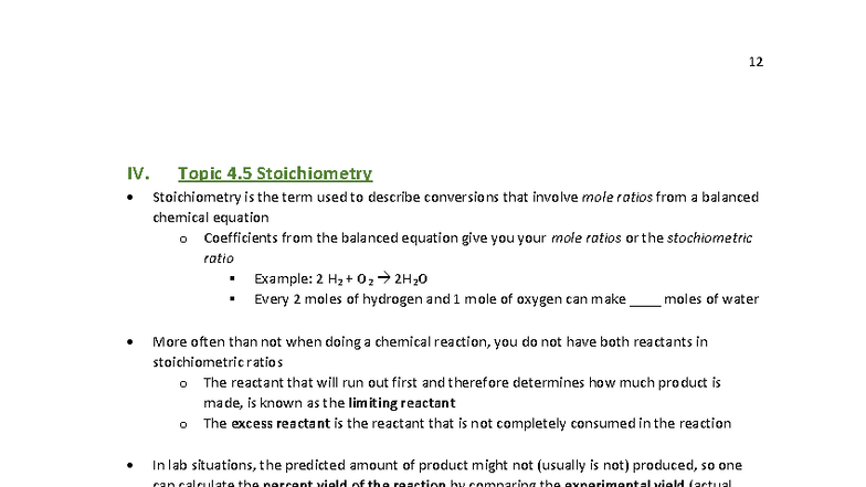 Stoichiometry Notes - IV. Topic 4.5 - Chem 101 - Studocu