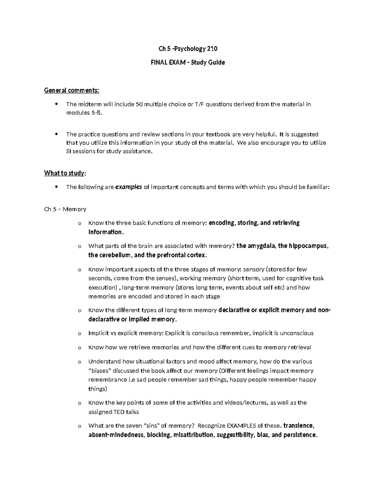 Study Guide for Psych - Ch 5 -Psychology 210 FINAL EXAM - Study Guide ...