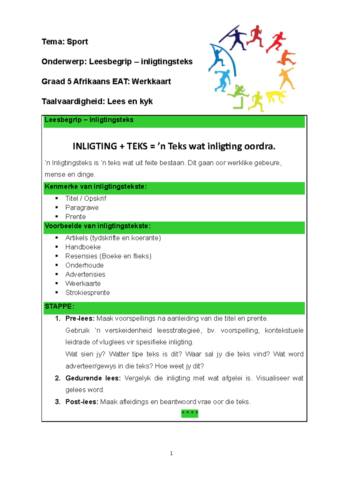 Graad 5 Afrikaans EAT: Leesbegrip Sport Inligtingsteks AvJ - Studocu