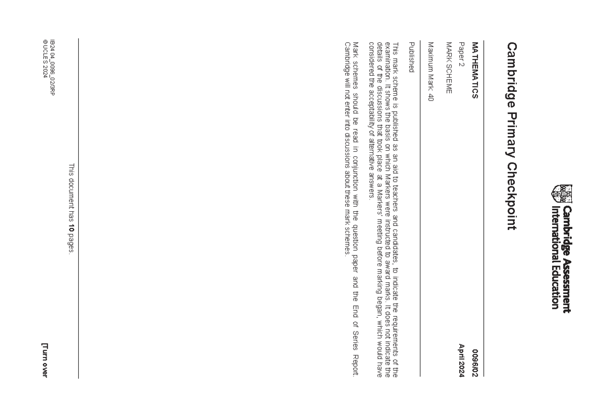 Cambridge Primary Checkpoint Mathematics Paper 2 Mark Scheme (Apr 2024 ...