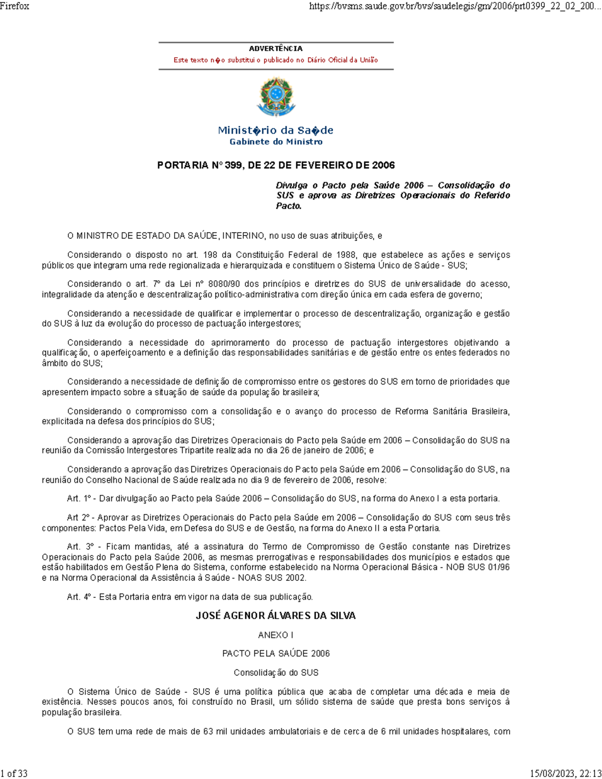 Minist rio da Sa de 399 - ADVERTÊNCIA Este texto n o substitui o ...