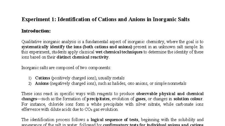 CHEM 100 Experiment 1: Identifying Cations & Anions in Inorganic Salts ...