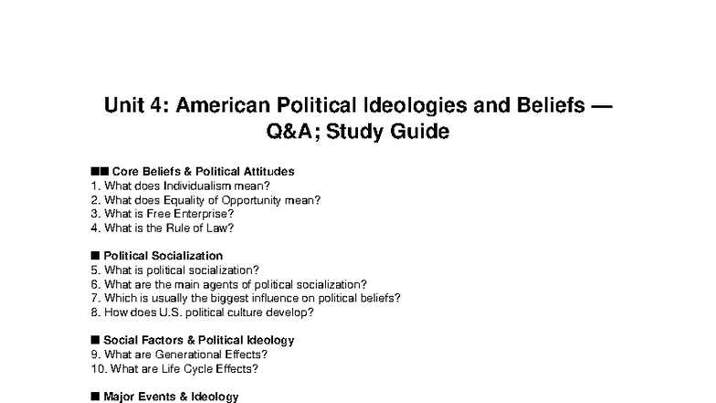 Unit 4: American Political Ideologies & Beliefs Study Guide - Studocu