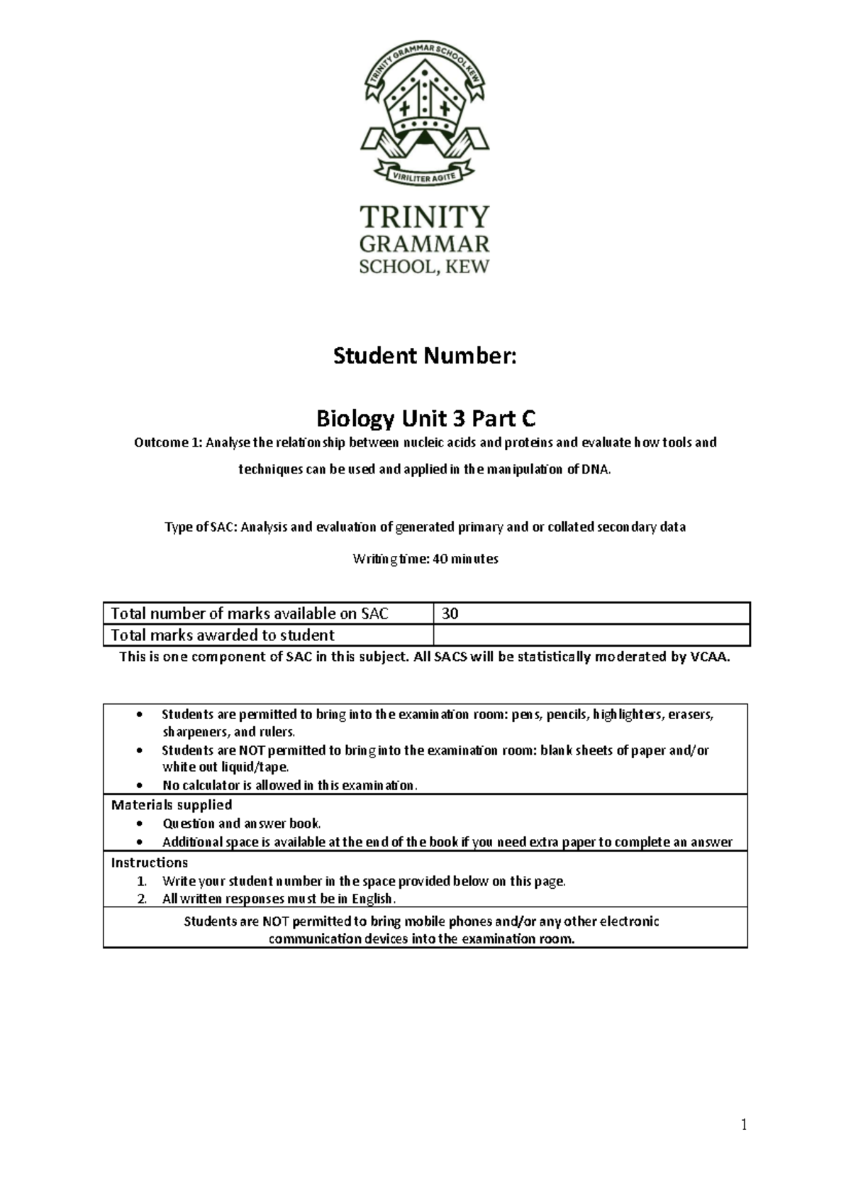 Biology Unit 3 SAC: Nucleic Acids and Proteins Analysis - Studocu