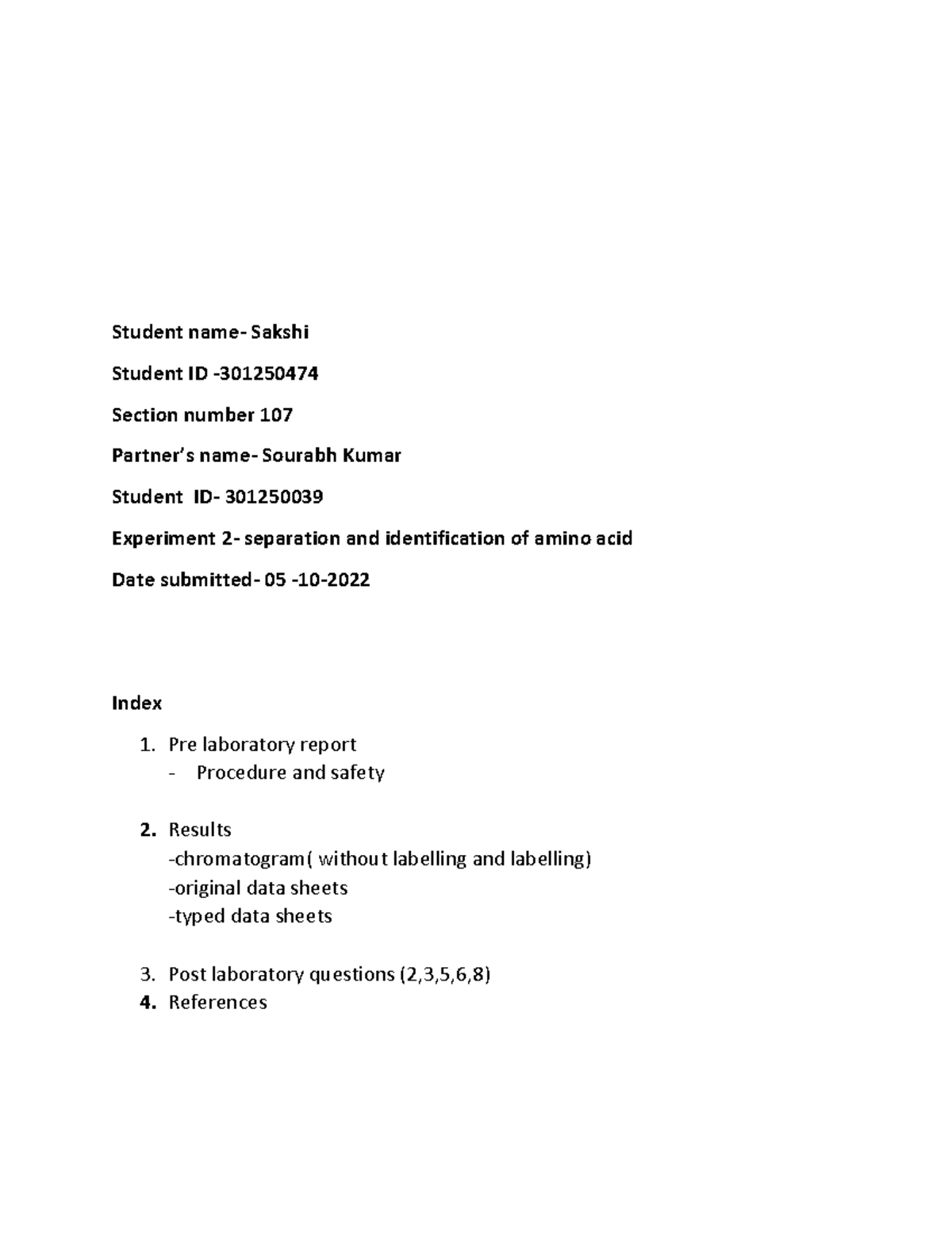 Experiment 2 Lab report - Student name- Sakshi Student ID - Section number 107 Partner’s name ...