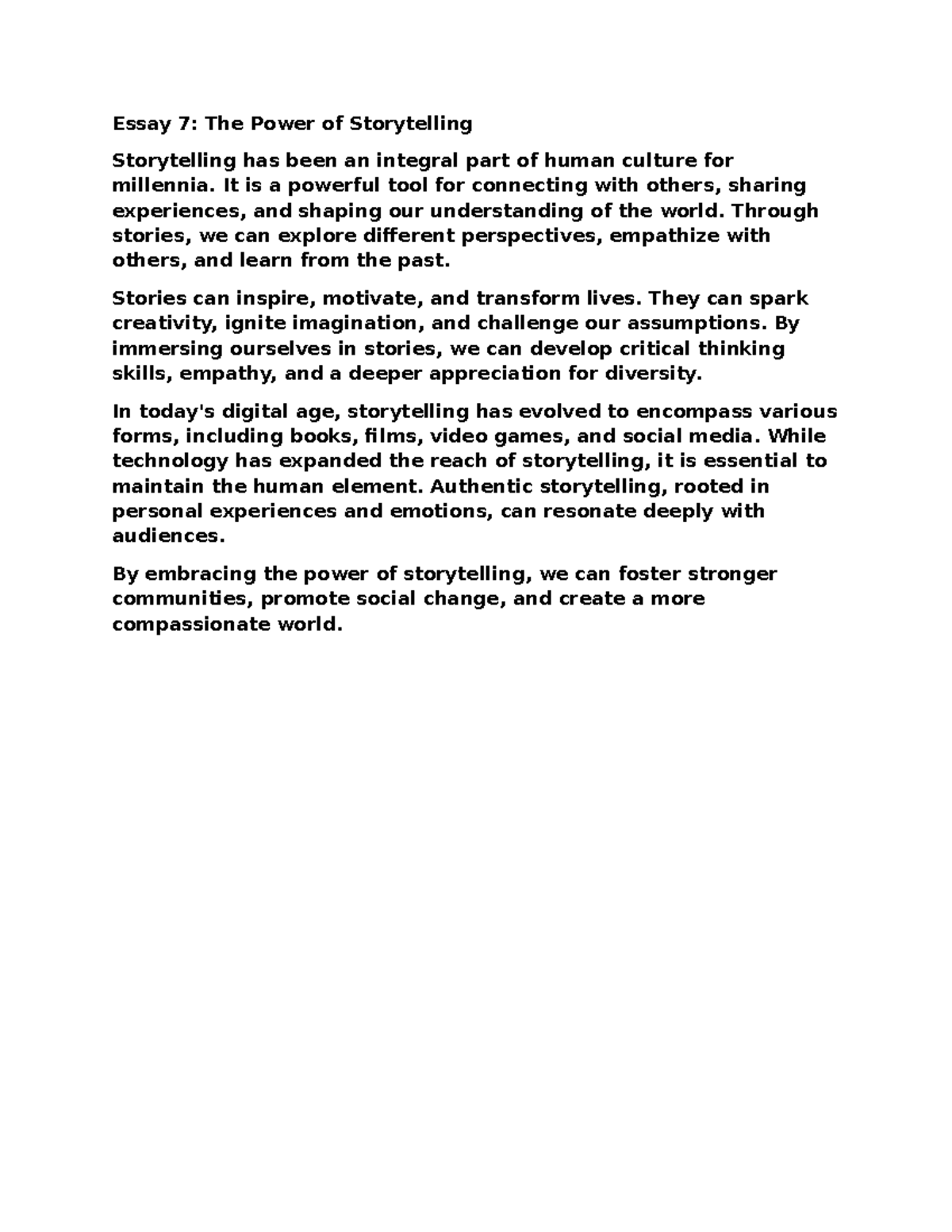 Essay 9: The Impact of Storytelling in Modern Culture - Studocu