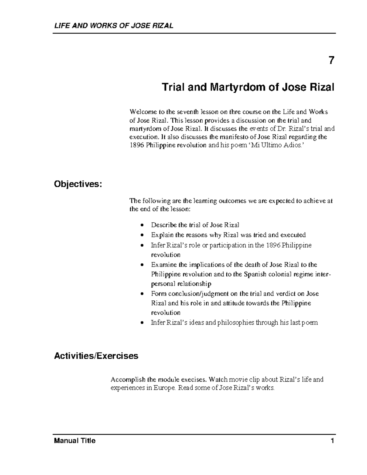 Lesson 7: Trial & Martyrdom of Jose Rizal in Life & Works Course - Studocu