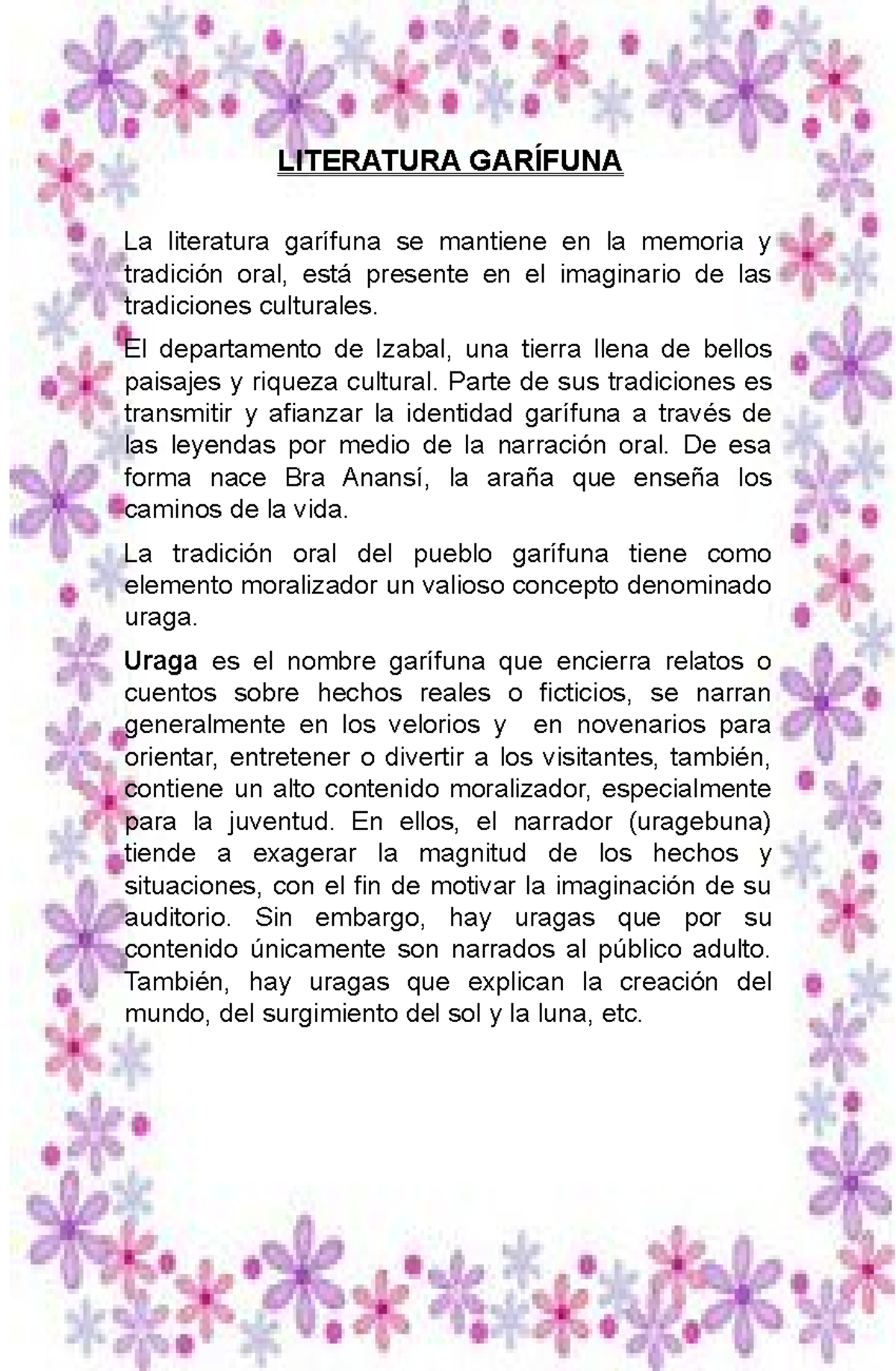Antología de la Literatura Garífuna: Tradiciones y Leyendas - Studocu