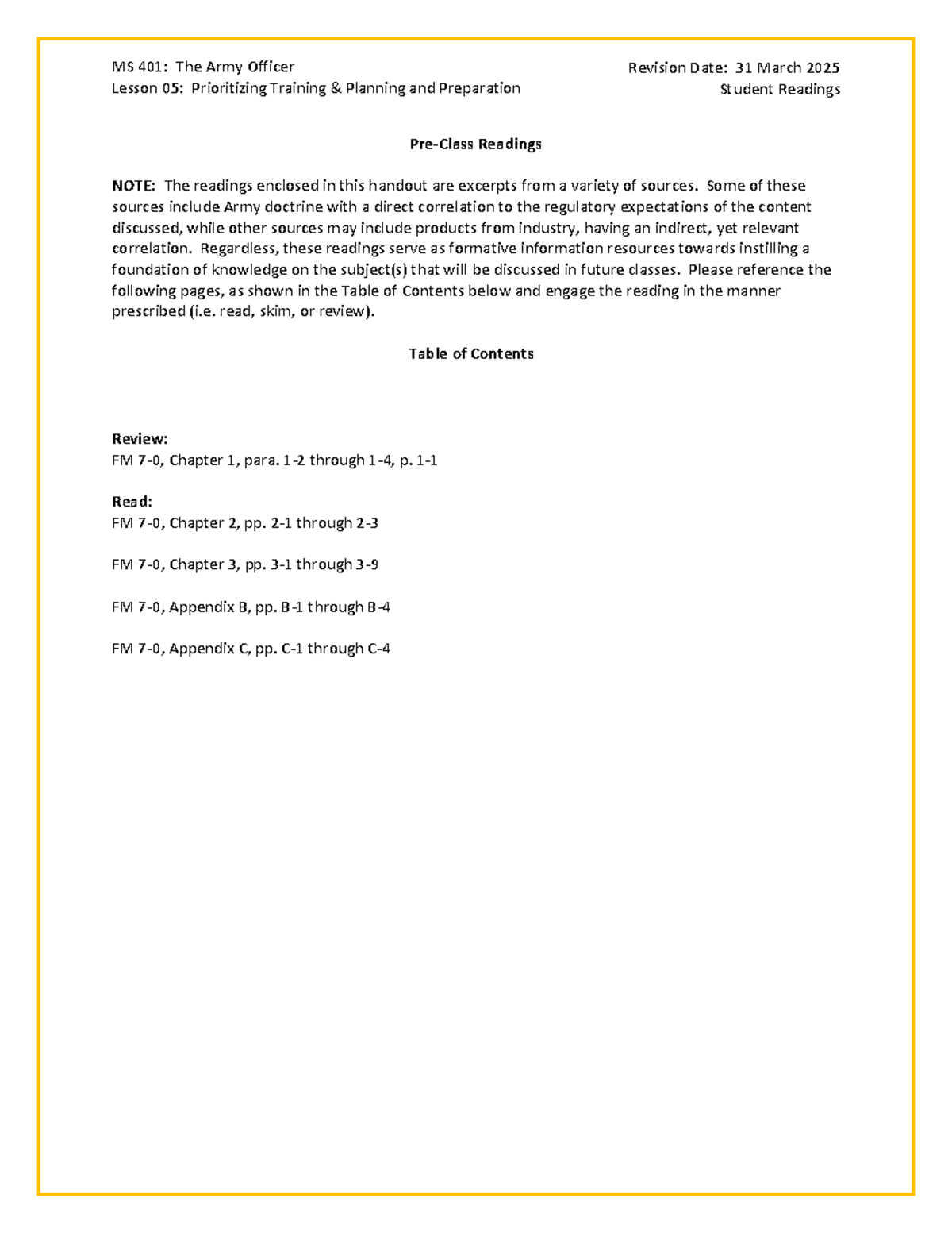 MS 401: The Army Officer Lesson 05 - Training Planning & Prioritization ...
