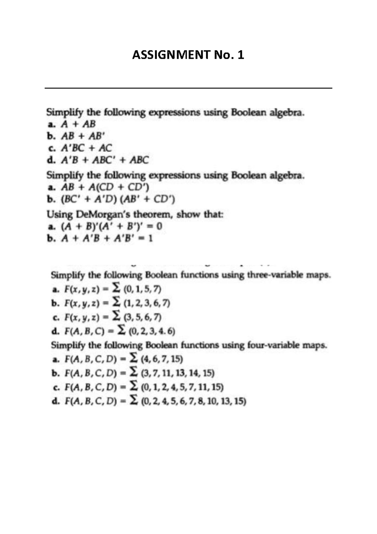 Assignment 1: Boolean Algebra Simplifications - CS 101 - Studocu