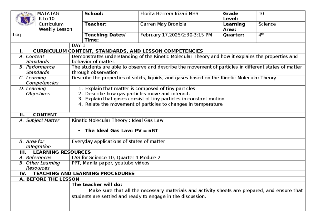 CO1 - Kinetic Molecular Theory: Class Demonstration & Lesson Plan - Studocu