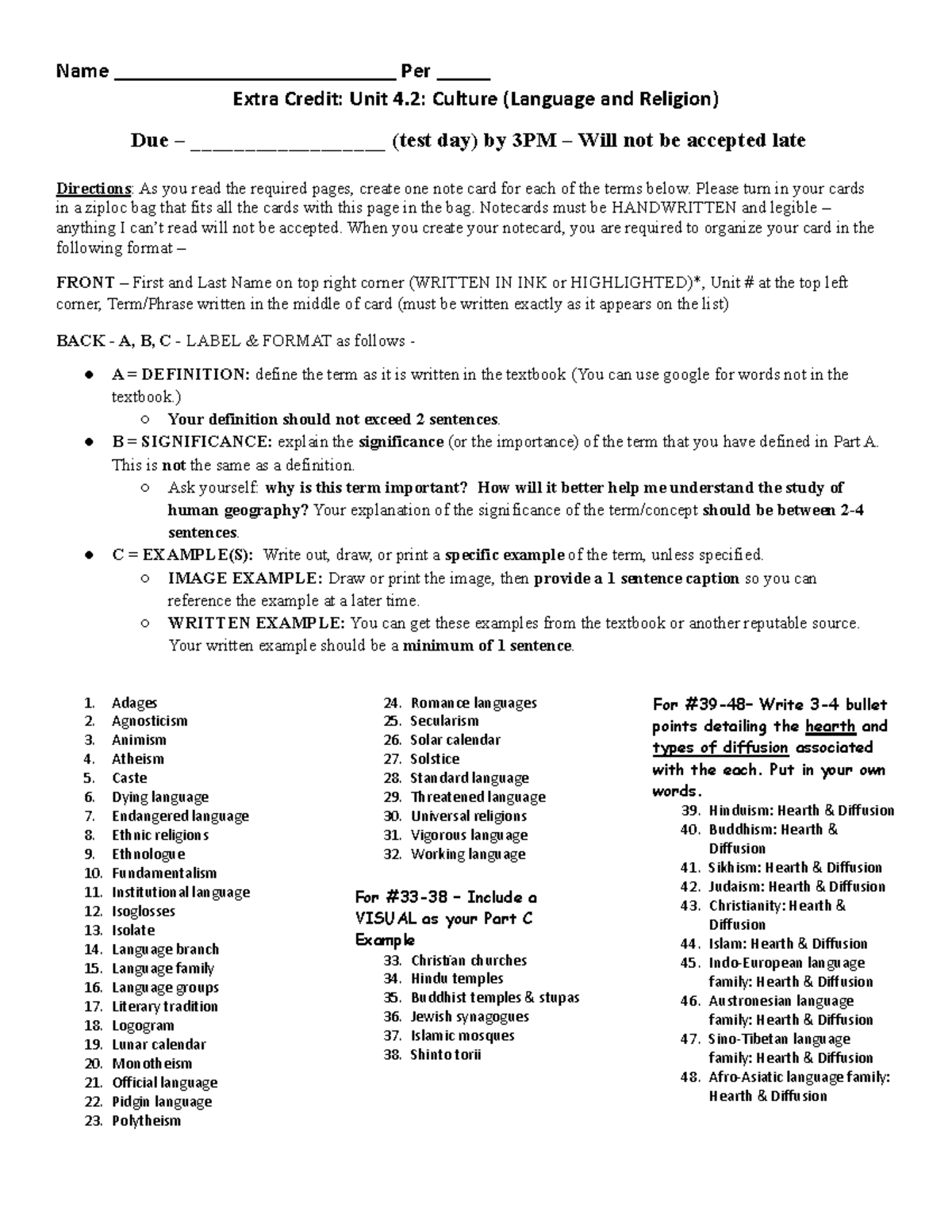 2024 Extra Credit - Unit 4 Language and Religion Flashcards - Name