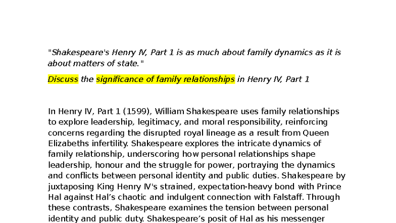 Family Dynamics and Leadership in King Henry IV, Part 1 (6858) - Studocu