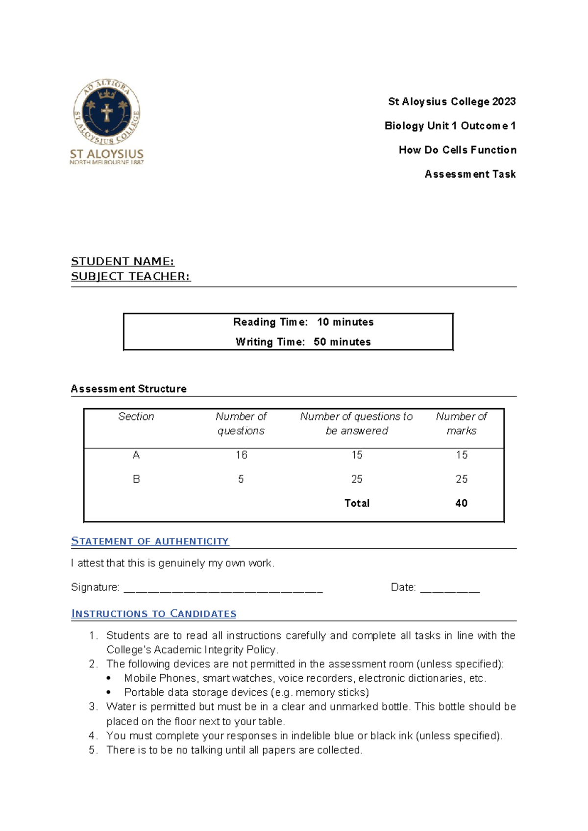 2024 U1AOS1 Solutions Biology Assessment - St Aloysius College 2023 ...