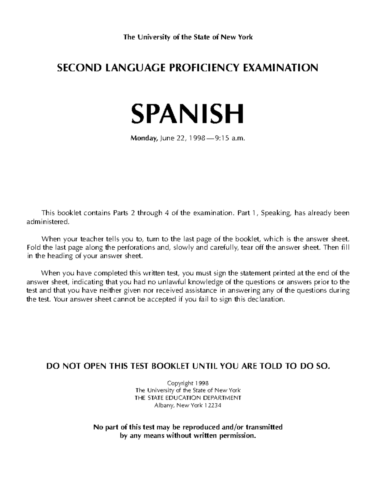 NYS Second Language Proficiency Exam: Spanish 1998 Parts 2-4 Guide ...