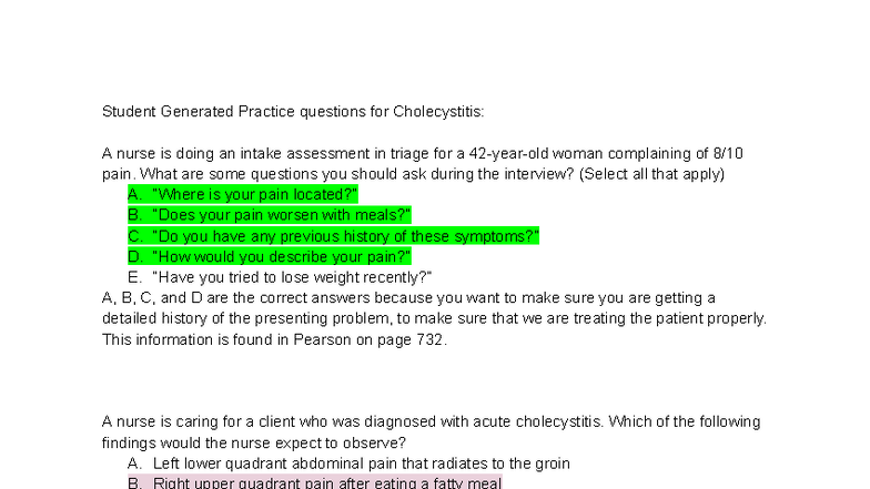 Cholecystitis Practice Questions for Nursing Assessment (NUR 101) - Studocu