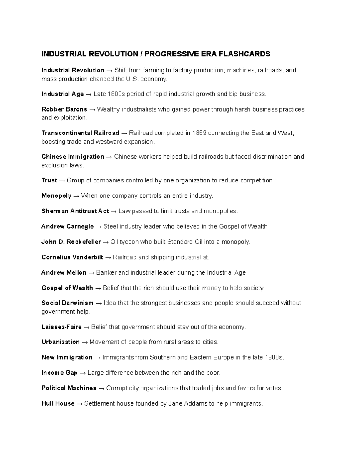 US History Mid-Term: Industrial Revolution & Progressive Era Flashcards ...